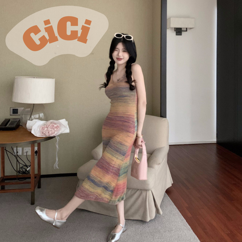 Cici(NO.07936)ชุดเดรส ผ้าถักสีรุ้ง แบบเข้ารูปเก็บสะโพก แฟชั้นฤดูร้อน | Shopee Thailand