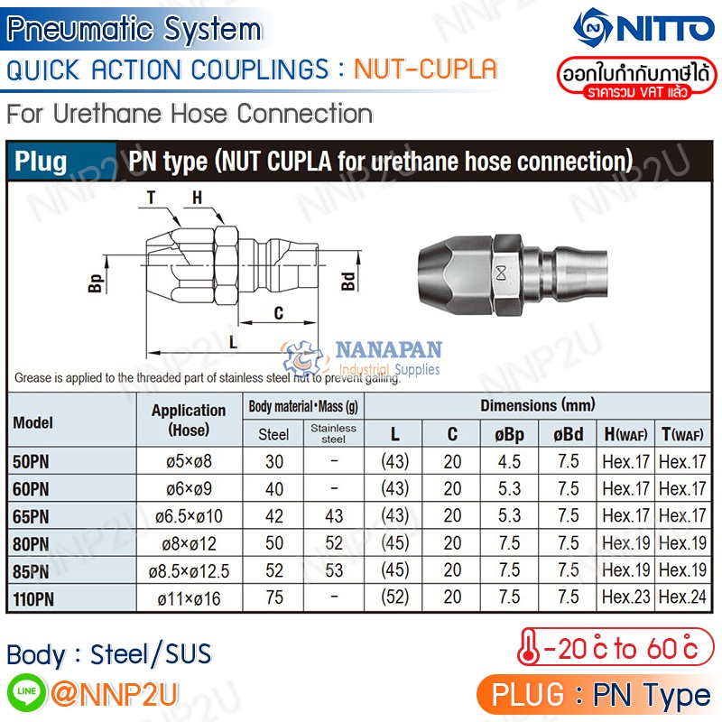 ข้อต่อสวมเร็ว COUPLING NITTO รุ่น NUT CUPLA เหล็ก สวมสายลม Plug : 50PN ...