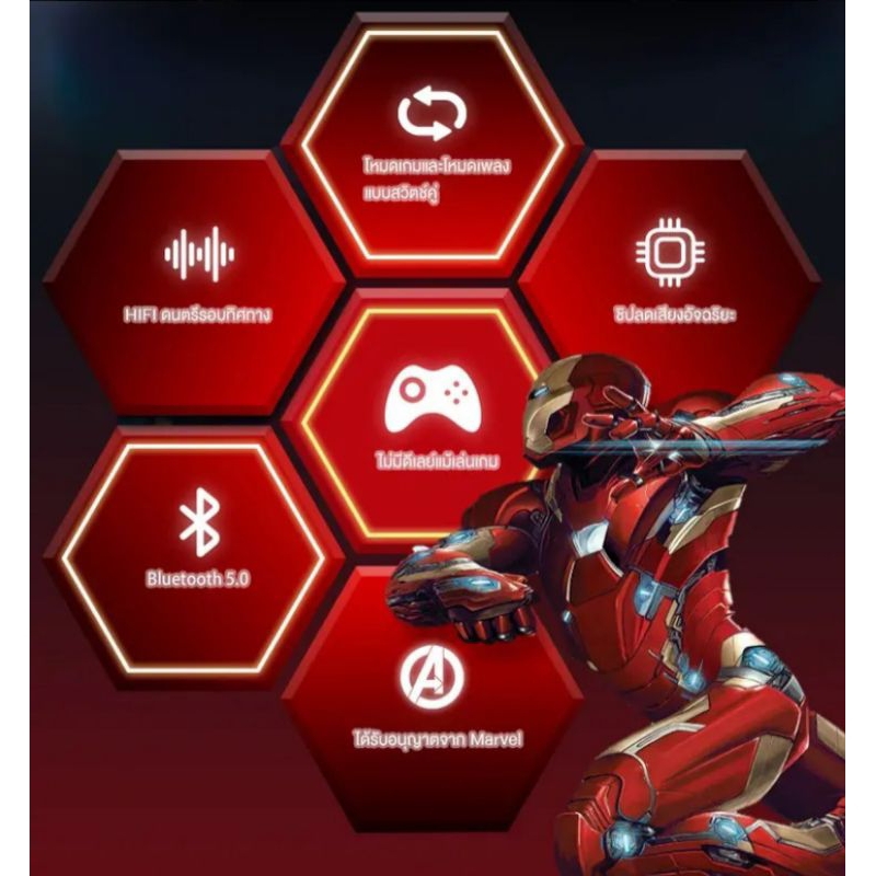 Marvel-EJ-300 หูฟังไร้สาย Bluetooth หูฟัง Gaming สัมผัสอัจฉริยะ Iron ...