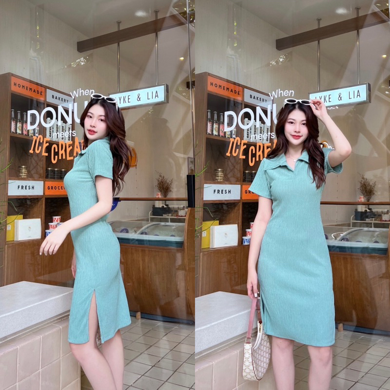 Teera ️พร้อมส่ง เดรสคอปกเนื้อผ้าท็อปฟี่ใส่สบาย ผ่าข้างผ้ายืดได้เยอะ ป้ายNanny | Shopee Thailand