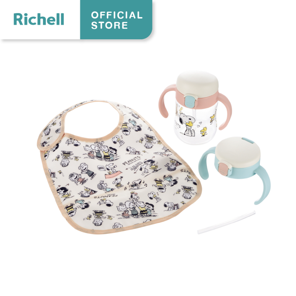 Richell x Peanuts Friends แก้วน้ำหลอดกันสำลัก 200มล. STEP 1+2 เปลี่ยนฝาได้2 แบบ แบบหลอดนอนดูดได้ ...