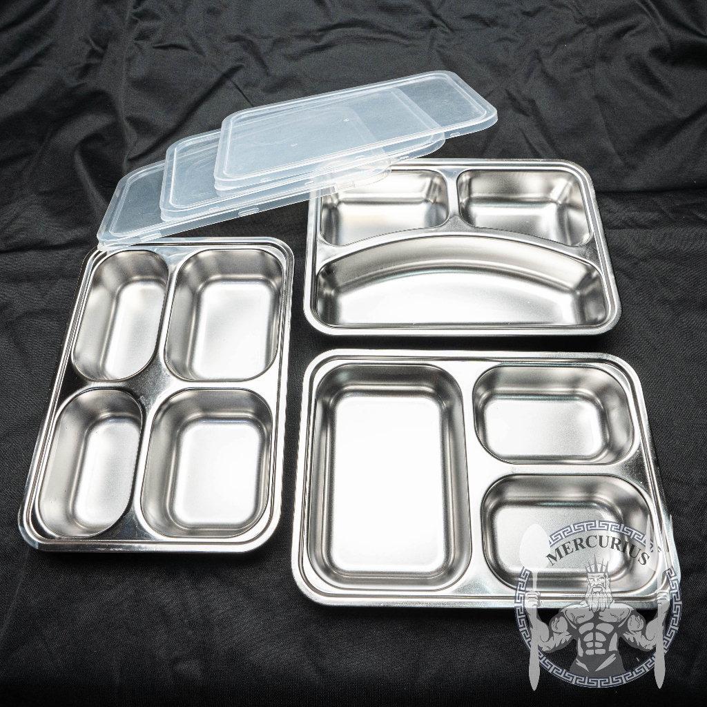 ถาดข้าว กล่องข้าว ทรงเหลี่ยม สแตนเลส งานหนา ขนาด17*24*4cm 3ช่อง/4ช่อง มีฝาปิด By Mercurius ...