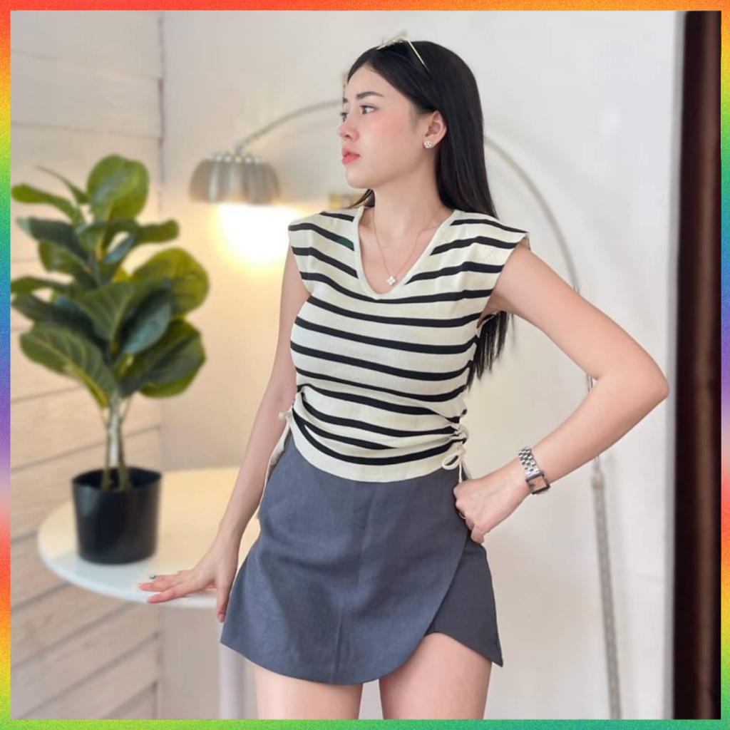 🌈 MesubShop 🌈 เสื้อคอวี ทรงแขนกุด ผ้าไหมพรม ยืดตามตัว แต่งเชือกรูดข้าง รุ่น วีรูด B-030-1-B ...