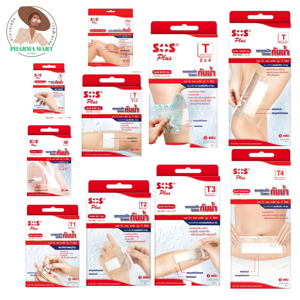 พลาสเตอร์ใสกันน้ำ SOS Plus T T1 T2 T3 T4 2X2 2X4 M S มินิ PU พิมพ์ใสกัน ...