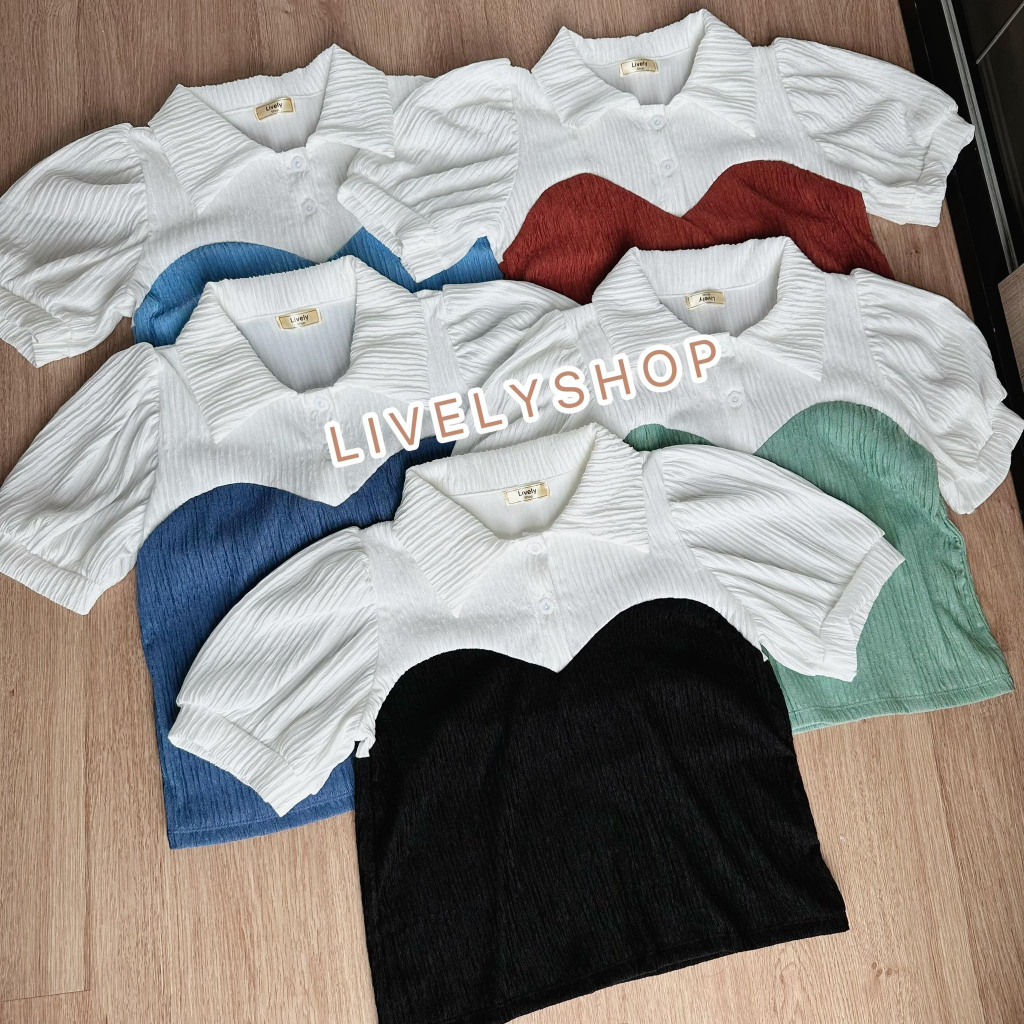 เสื้อคอปกสไตล์เกาหลี K09 งานทูโทน แขนตุ๊กตาน่ารัก มีหลายสีให้เลือก ...