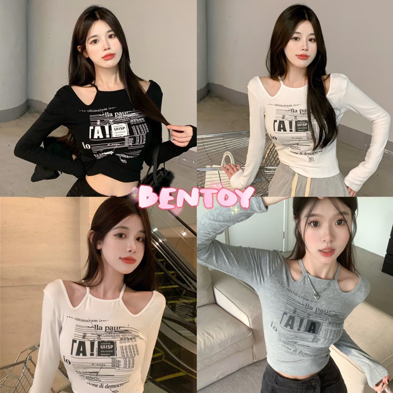 Bentoy(M5812)เสื้อยืดแขนยาวไหมพรม เปิดไหล่ ลายอังกฤษหน้าอก เก๋ๆ | Shopee Thailand