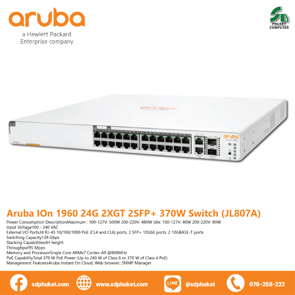 JL807A Aruba IOn 1960 24G 2XGT 2SFP+ 370W Switch | Shopee Thailand
