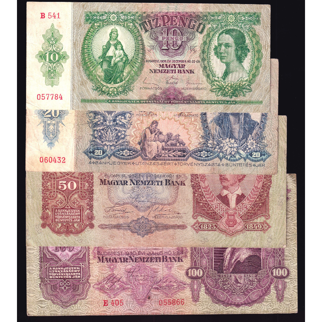 ธนบัตร Hungary, 10-20-50-100 Pengo, 1930-1941, Four Note LOT, จำนวน 4 ...