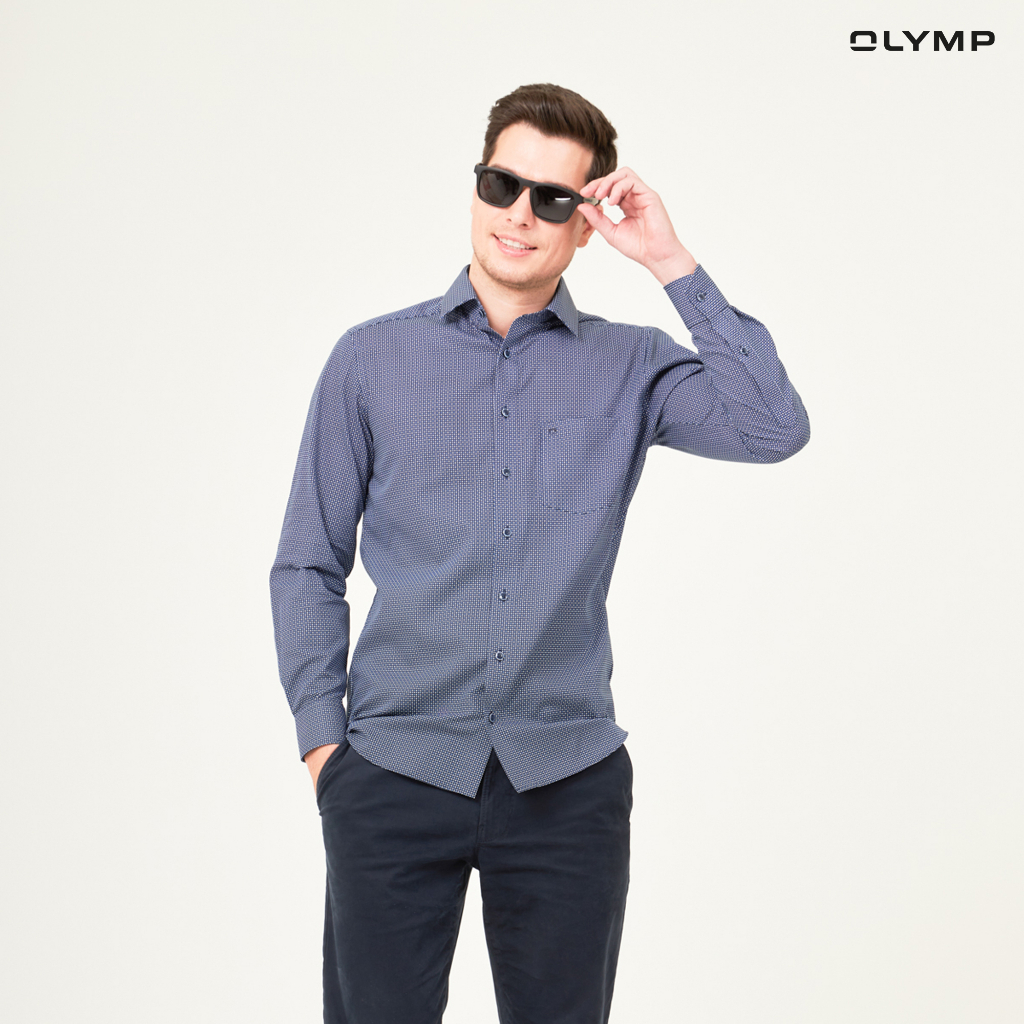 OLYMP LUXOR Shirt เสื้อเชิ้ตชาย สีน้ำเงินเข้ม พิมพ์ลายตารางสี่เหลี่ยม ทรงหลวม ใส่สบาย รีดง่าย ...