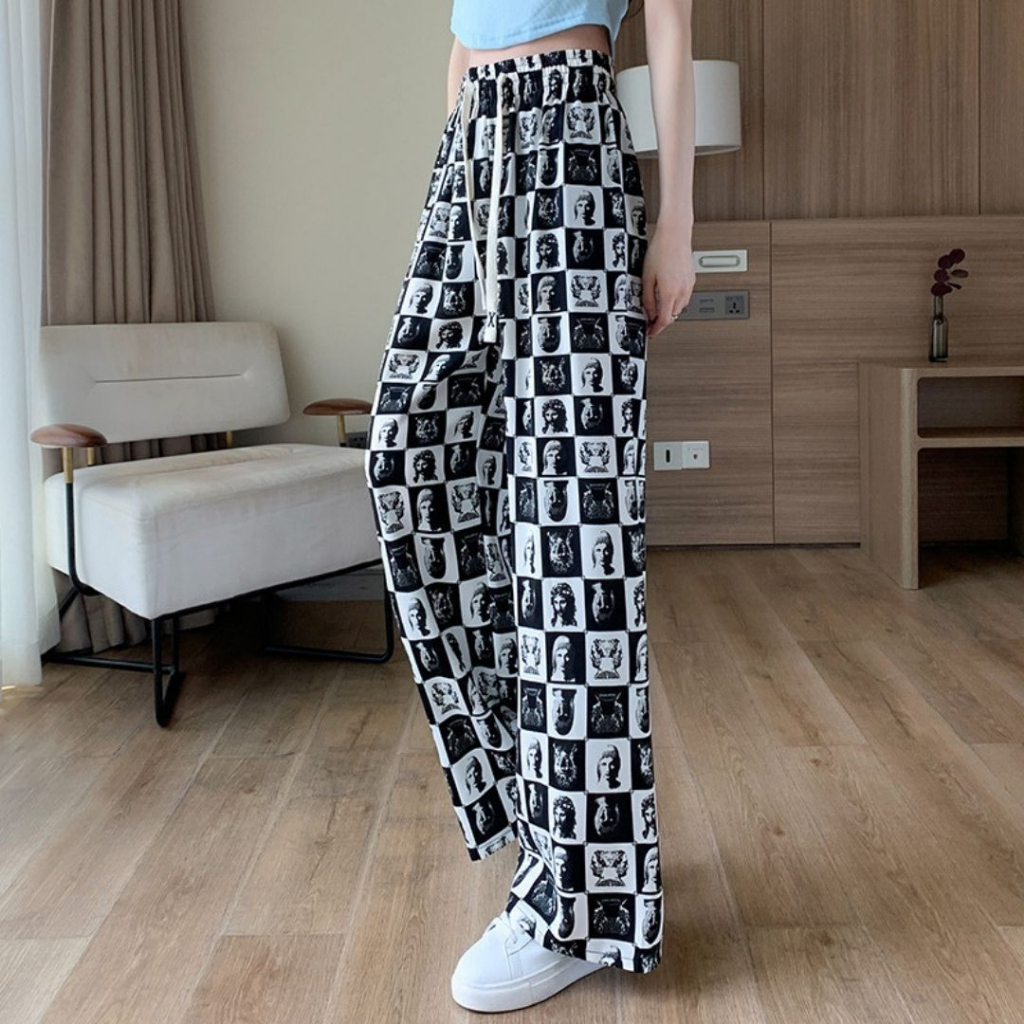 [W0076] กางเกงขายาว เอวยืด ผ้าเด้ง คืนทรง ลายกราฟฟิก ใส่สบาย เสื้อผ้า ...
