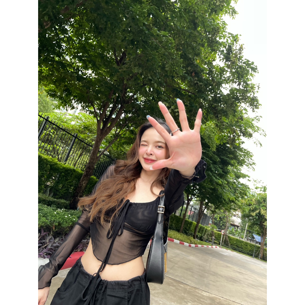 Cicishop(Y023) เสื้อครอปแขนยาวซีทรูพิมพ์ลาย สาบผูกโบว์หน้าอกใส่เดี่ยว ...