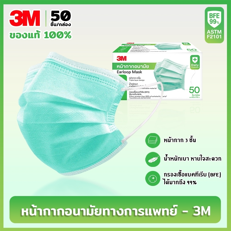 3M กล่องใหญ่ แมส หน้ากากอนามัย Face Mask Earloop ( 50ชิ้น / กล่อง ) ของ ...