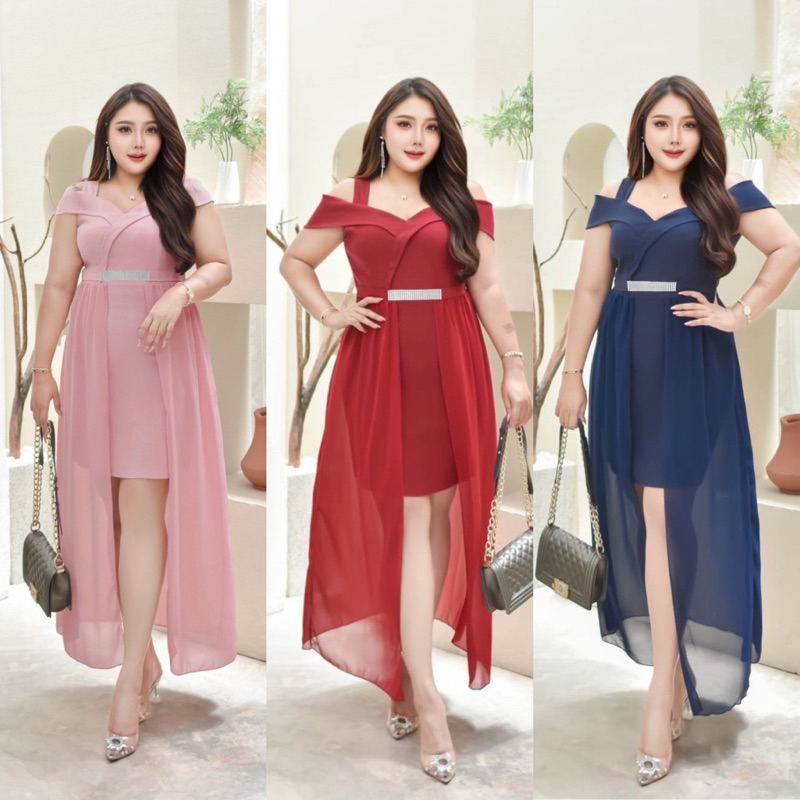 Janny ชุดออกงาน ชุดราตรี เดรสสาวอวบ XXL Bigsize Plussize ผ้าสกินนี่ ชีฟองยาว | Shopee Thailand