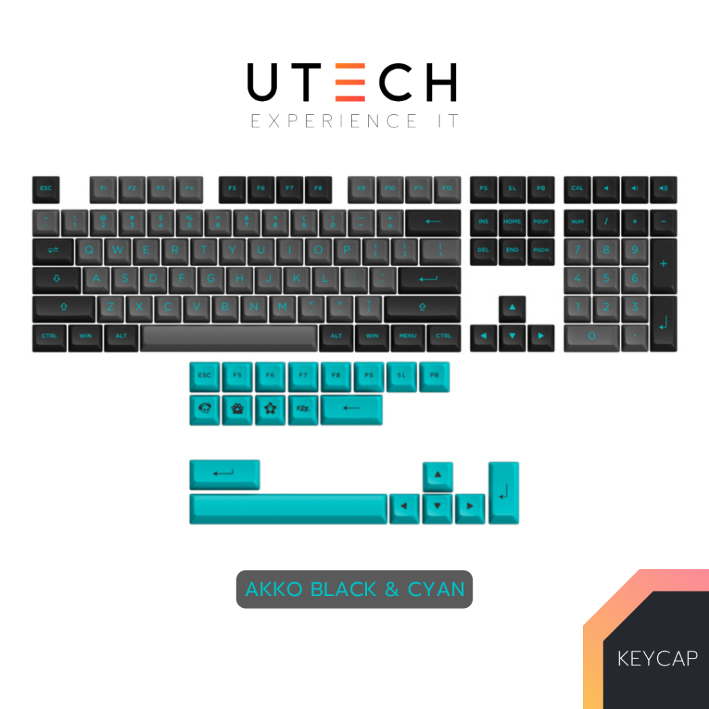 คีย์แคป AKKO PBT สี Black&Cyan Keycap 197 ปุ่ม ASA Profile by UTECH ...