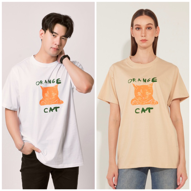 เสื้อยืด คอตตอน สกรีน ลายแมว ส้ม orange cat | Shopee Thailand