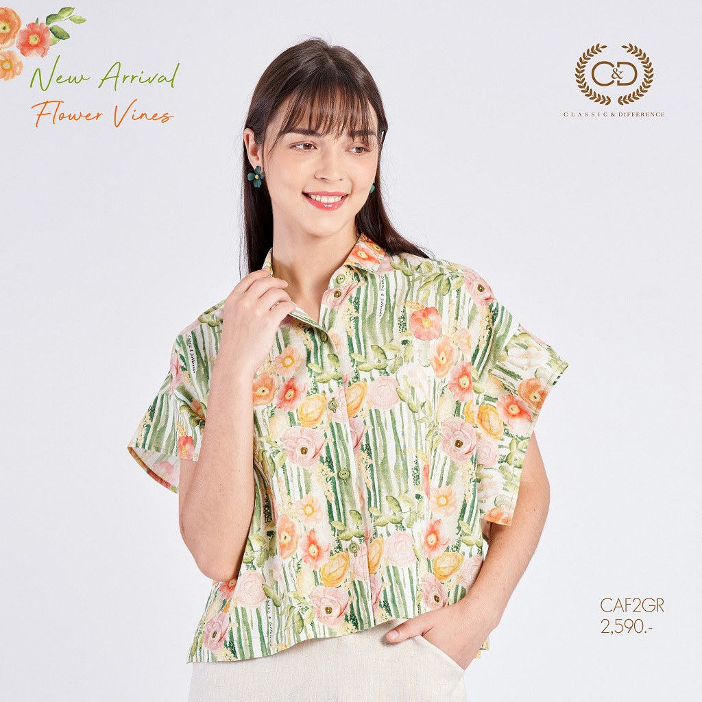 C&D Woman's blouse Flower Vines เสื้อผู้หญิง ปกเชิ้ต แขนสั้น สีเขียว ...