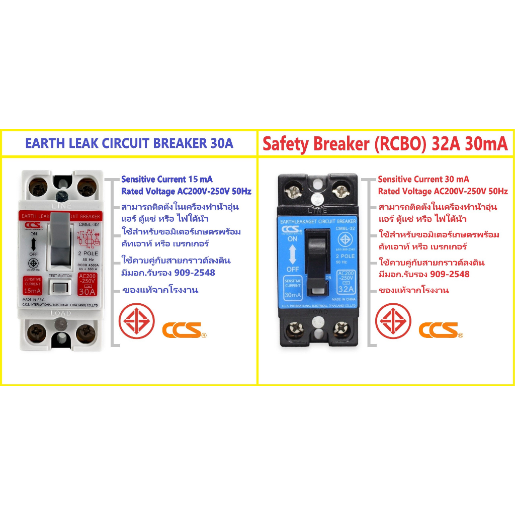 CCS เบรกเกอร์ เซอร์กิตเบรกเกอร์ กันไฟดูด ไฟรั่ว ไฟเกิน ELCB ค่าความไวการตัดวงจร15mA 30mA Earth ...