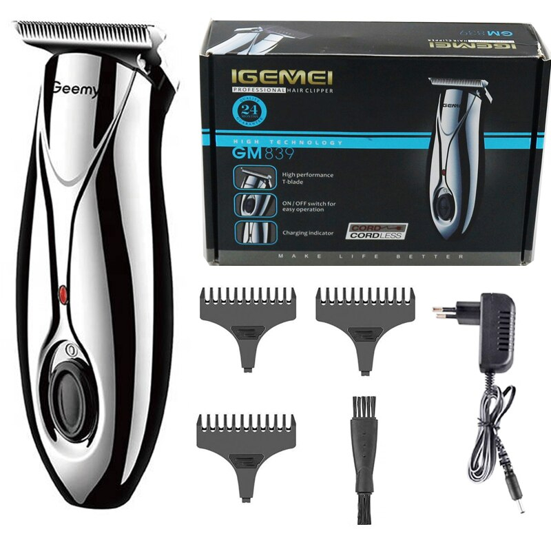 Gemei ปัตตาเลี่ยนไร้สายแบบชาร์จไฟ ใบมีดสแตนเลส ทรง T กว้าง 4 ซม. GM-839 หวีรองตัด 3 เบอร์ ขนาด 0 ...