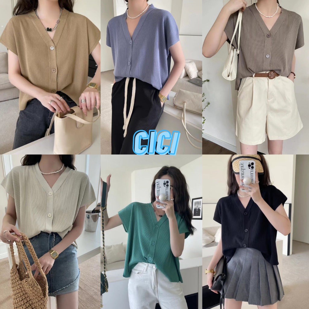 ส่งทันที Cici(NO. M1810)เสื้อแขนกุดไหมพรม คอวีกระดุมหน้าผ้าร่อง ผ้าถัก ...