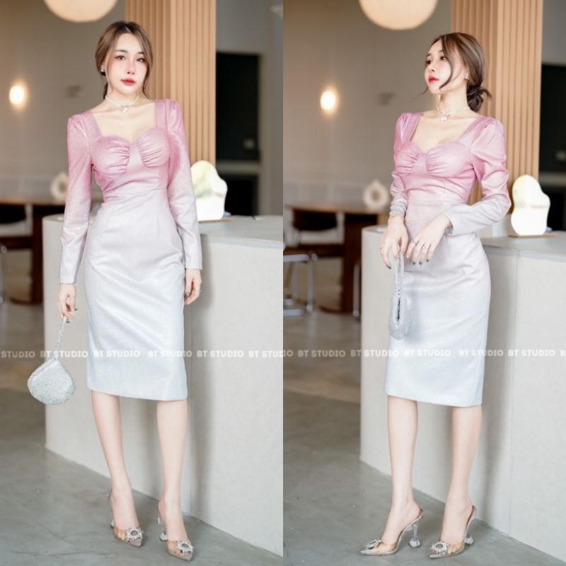 เดรสออกงานคอเหลี่ยม สีทูโทนการ์เดียน BT STUDIO | Shopee Thailand