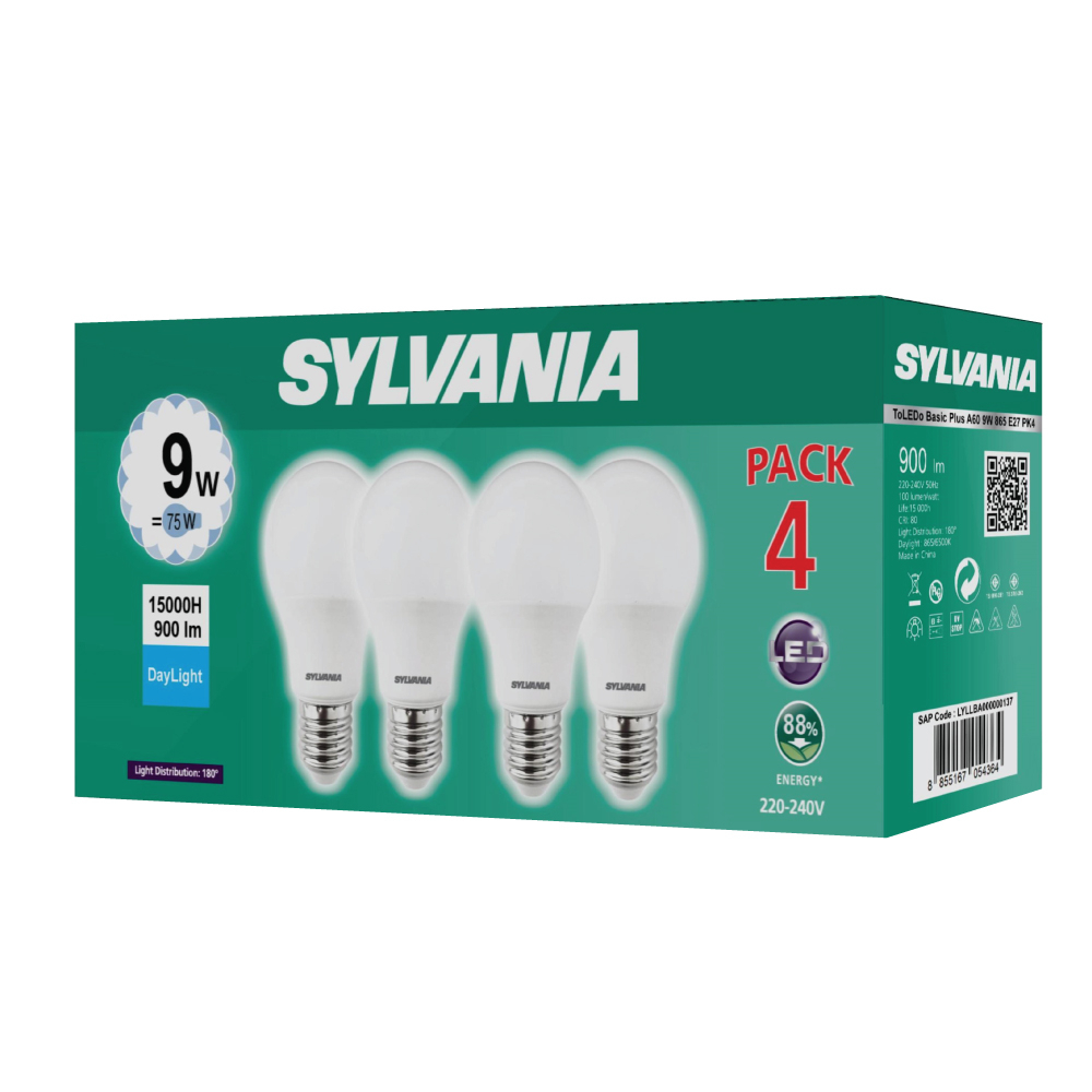 [แพ็ค 4 สุดคุ้ม ] SYLVANIA หลอดไฟแอลอีดี รุ่น ToLEDo Basic Plus A60 9W ขั้ว E27 (แสง Daylight ...