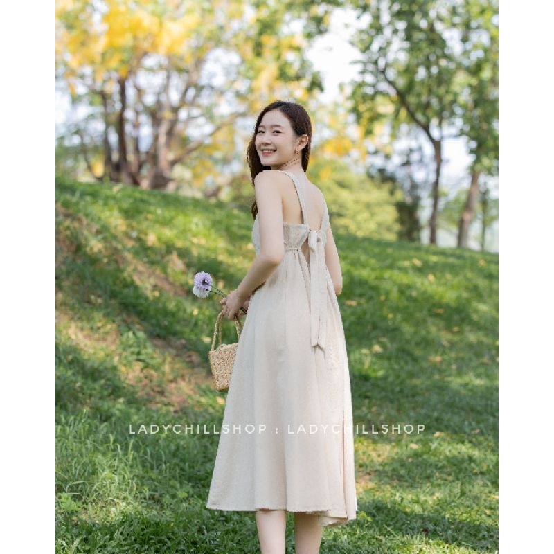 Smiley Dress เดรสมินิมอล เดรสสายเดี่ยวผ้าคอตตอนลินิน มีโบว์ด้านหลัง งาน ...
