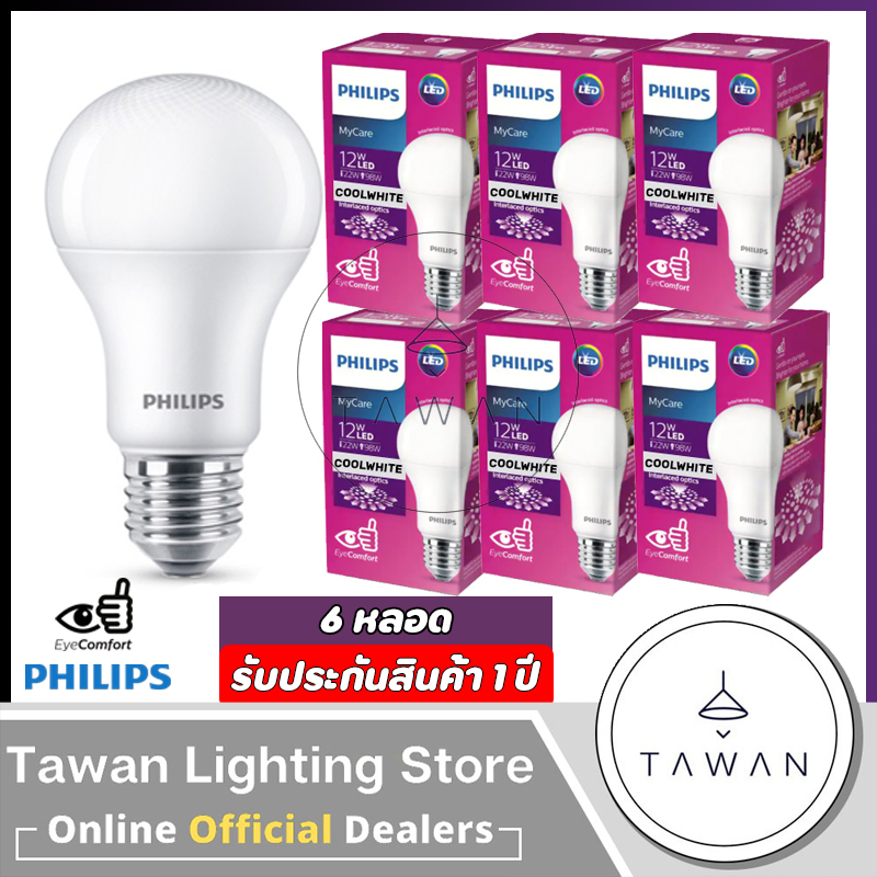 [6หลอด] Philips หลอดไฟแอลอีดี 12วัตต์ รุ่น Mycare ขั้วE27 LED Bulb 12W ...