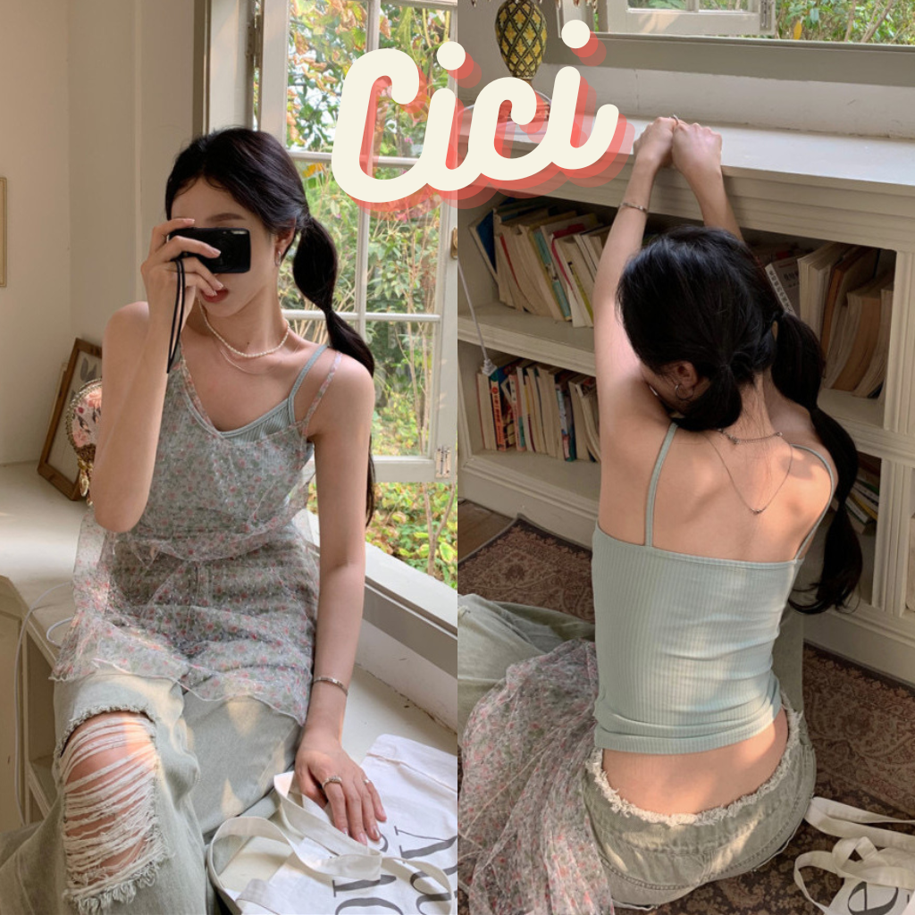 Cici(NO.J571)เสื้อกล้าม สองชั้นสุดเก๋ ด้านนอกเป็นผ้าซีทรูลายดอกไม้ | Shopee Thailand