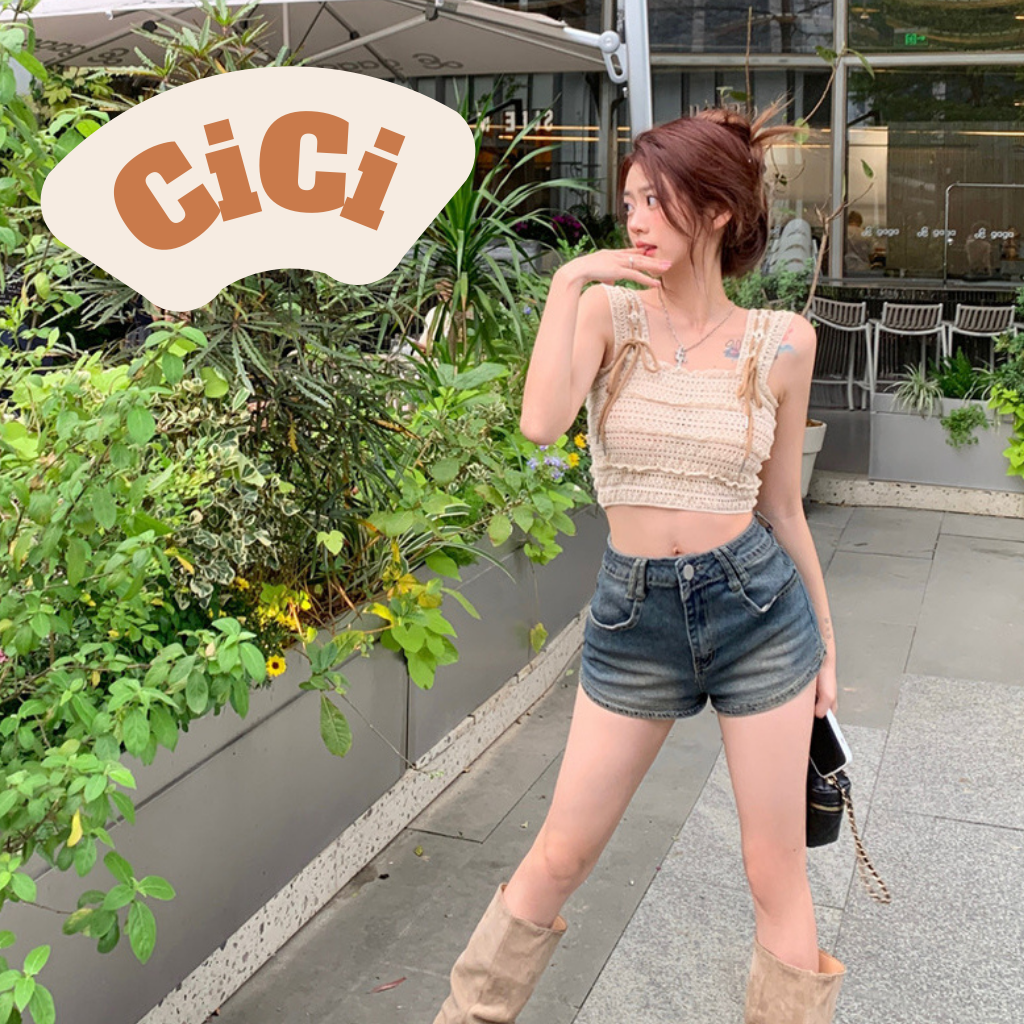 Cici(NO.1603)เสื้อกล้ามไหมพรมผ้าถัก แต่งฉลุ ดีเทลเชือกผูกโบว์ น่ารักม๊าก | Shopee Thailand