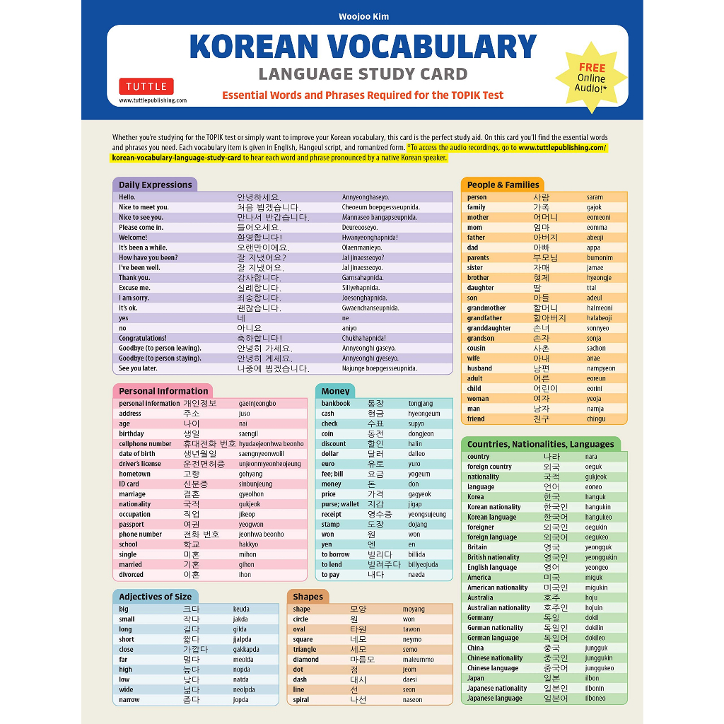 Korean Vocabulary Language Study Card Key Vocabulary for TOPIK Test ...