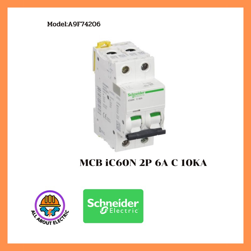 Schneider Model: A9F74206Miniature circuit breaker (MCB), Acti9 iC60N, 2P, 6A, C curve, 6000A ...