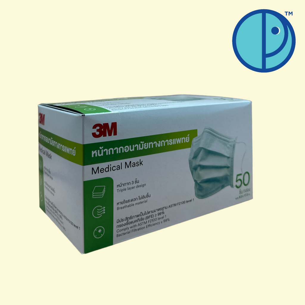 หน้ากากอนามัยทางการแพทย์ 3M Medical Mask สีเขียว ขนาด 50 ชิ้น/กล่อง ...