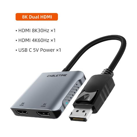 CABLETIME DisplayPort to DUAL HDMI 1x2 4k 8K ADAPTER รุ่น CB74G ...