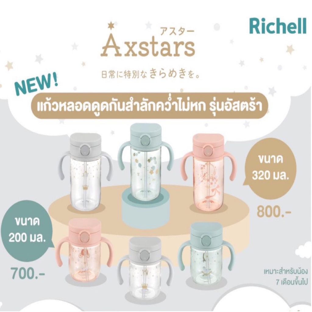 Richell(ริเชล) New! รุ่น AXSTARS(อัสตร้า) แก้วหลอดดูดกันสำลัก คว่ำไม่หก สำหรับเด็ก 7เดือนขึ้นไป ...