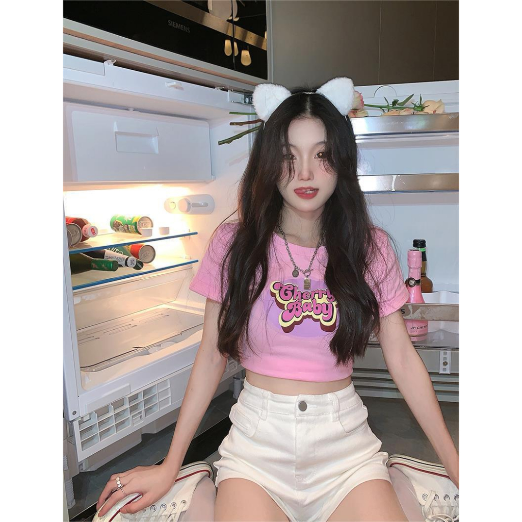 จัดส่งภายในประเทศไทย เสื้อครอปรัดรูป แขนสั้น ลาย cherry baby Y13 | Shopee Thailand