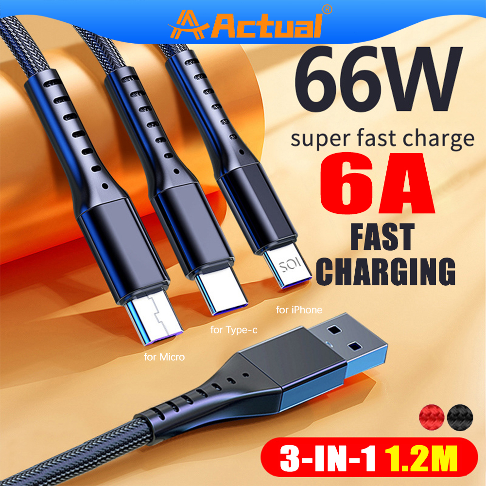 Data 3-in-1 Nylon Fast Charge 6A Micro + Type C+ iOS 120cm Support Fast ...