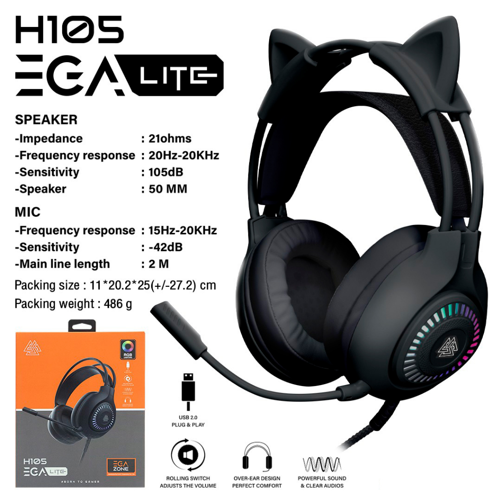 หูฟังเกมมิ่ง EGA รุ่น H105 LITE GAMING HEADSET หููแมวถอดได้ สาย USB รับ ...