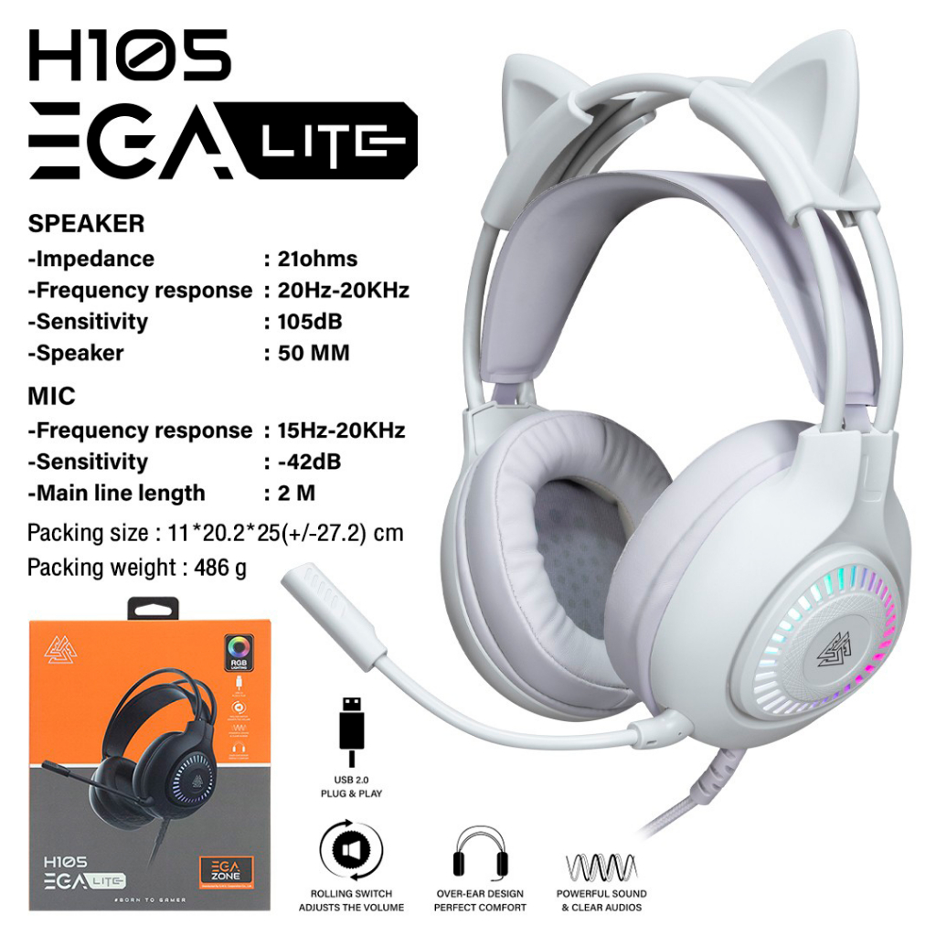 หูฟังเกมมิ่ง EGA รุ่น H105 LITE GAMING HEADSET หููแมวถอดได้ สาย USB รับ ...