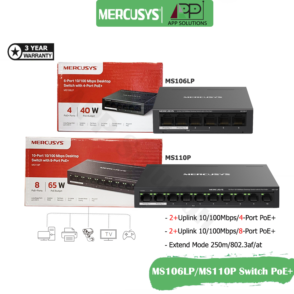 Mercusys Switch(สวิตซ์ฮับ)10/100 6Port/10Port PoE+/2Uplink รุ่น MS106LP ...