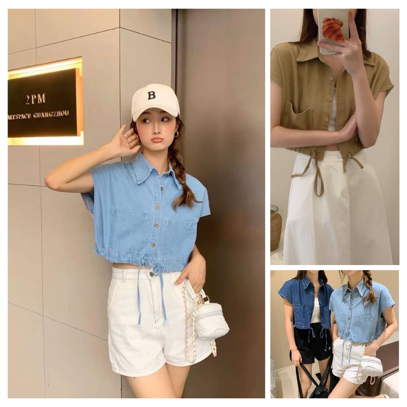 เสื้อเชิ้ตครอปยีนส์คอปก ไหล่ล้ำ รหัส C110 | Shopee Thailand