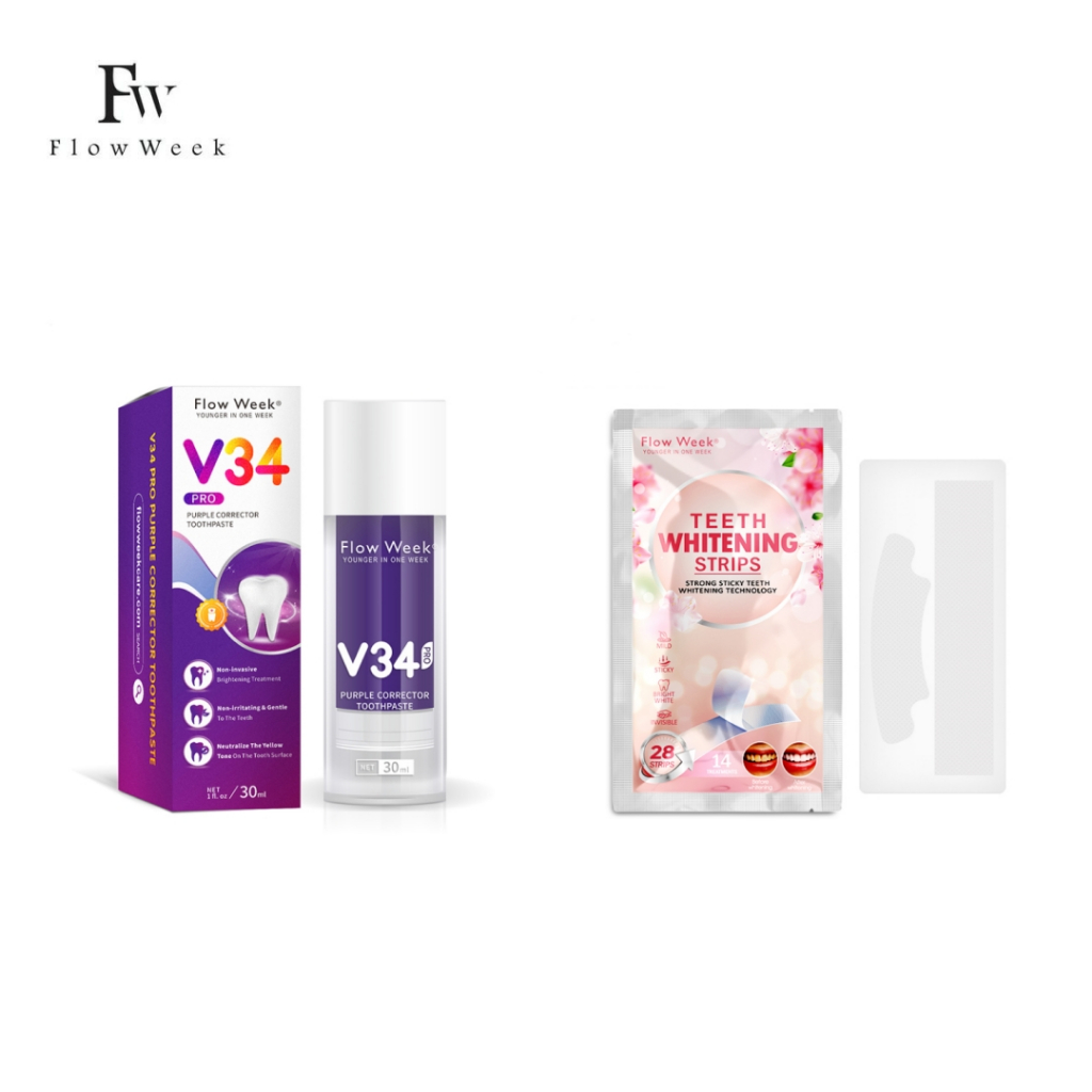 Flow Week แผ่นฟอกฟันขาว 3D White teeth whitening 28pcs แผ่นแปะฟันขาว 1ซอง ช่วยให้ฟันขาว ลดคราบ ...