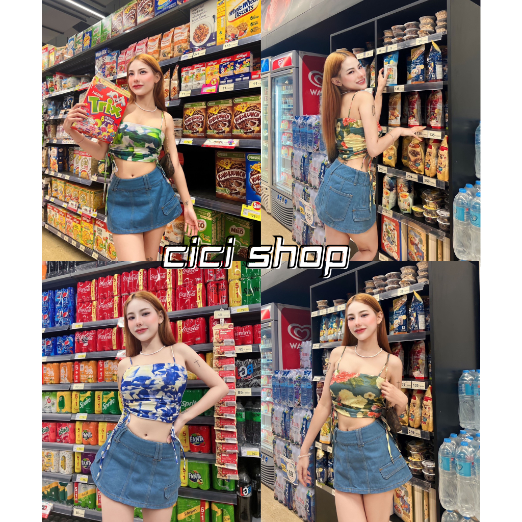 Cicishop(J379)สายเดี่ยว พิมพ์ลายดอกไม้ ดีเทลสายรูดข้างได้แซ่บๆปัง | Shopee Thailand
