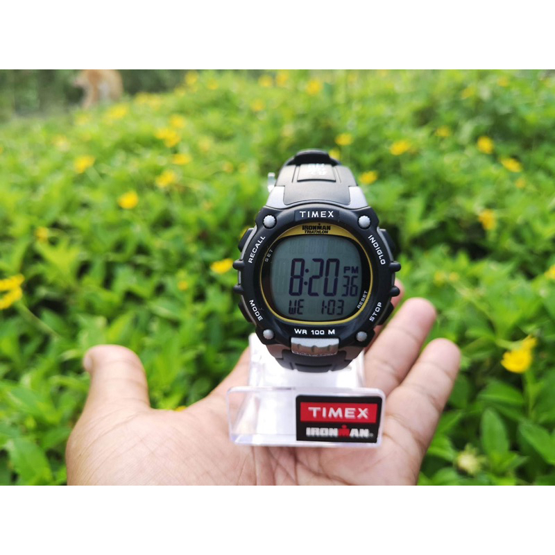 Timex Men's T5E231 Ironman Traditional 100-Lap Silver-Tone/Black Resin ...