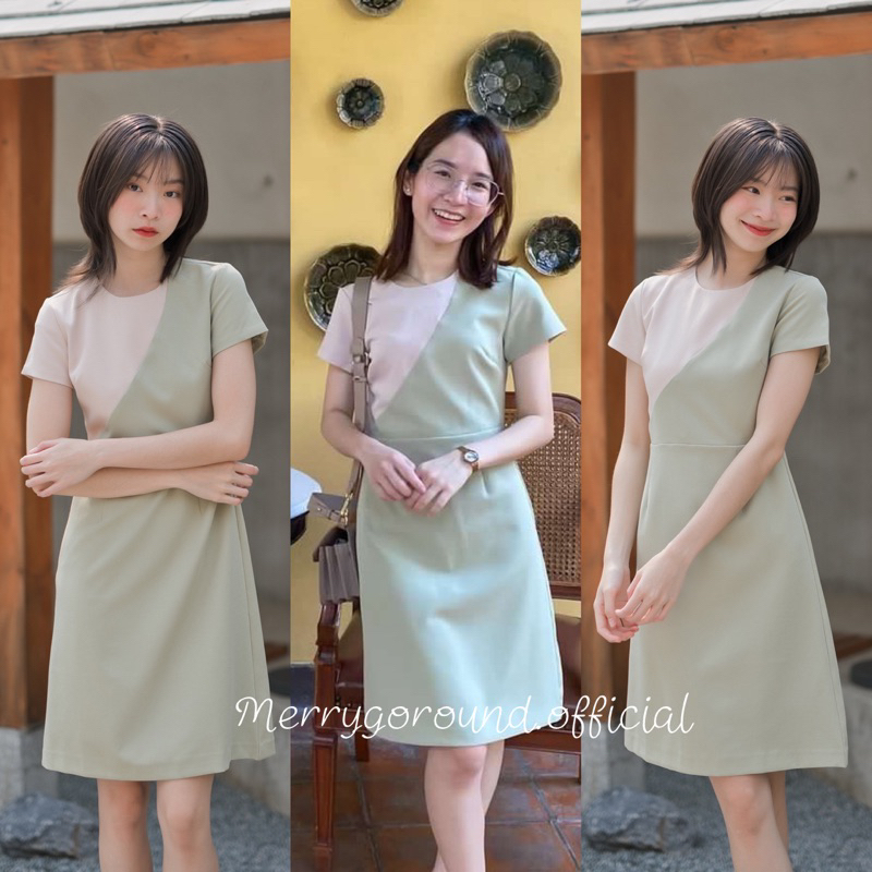 Merry Go Round - Two tone dress เดรสทำงาน เดรสทูโทน สีชาเขียว | Shopee ...