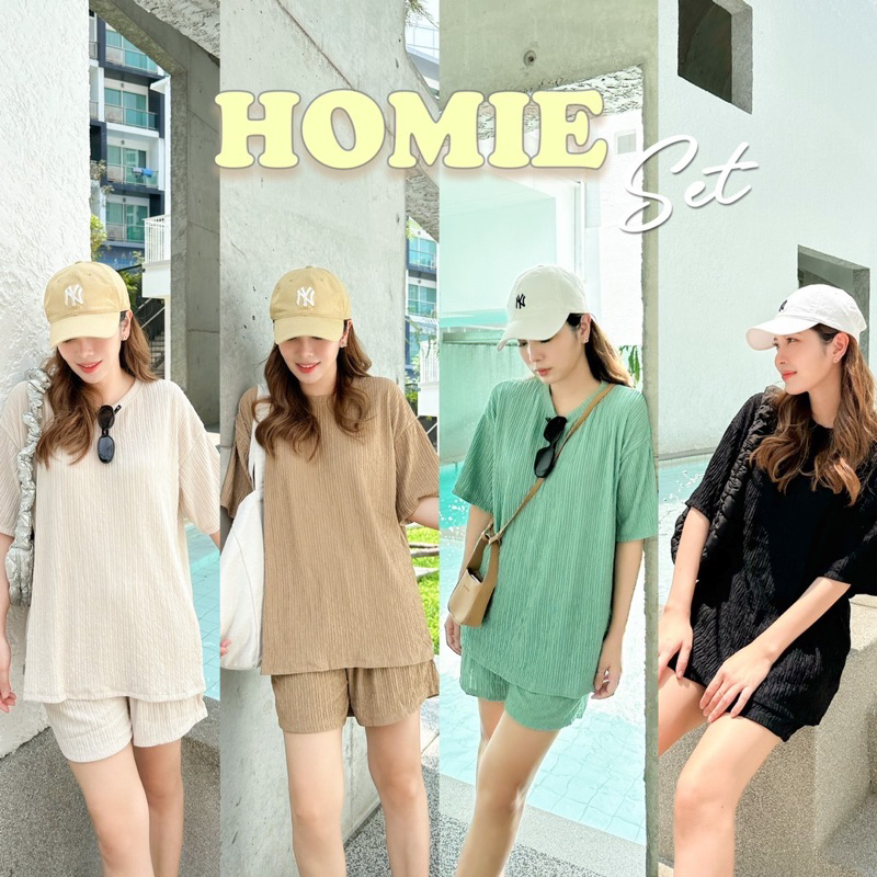 HOMIE SET ชุดเซ็ทใส่สบาย ผ้าลายเปลือกไม้ ยืดได้เยอะ ไม่รัด มีกระเป๋า 2 ...