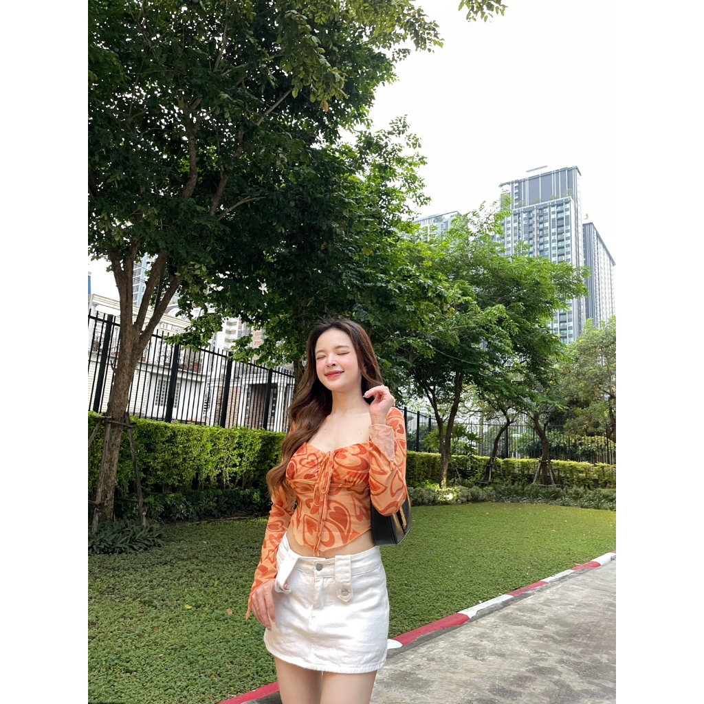 Cicishop(Y023) เสื้อครอปแขนยาวซีทรูพิมพ์ลาย สาบผูกโบว์หน้าอกใส่เดี่ยว ...