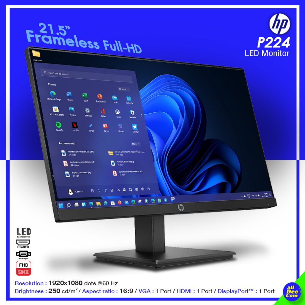Monitor HP รุ่น P224 ขนาด 21.5” Full HD ไร้ขอบ /VGA /DisplayPort /HDMI ...