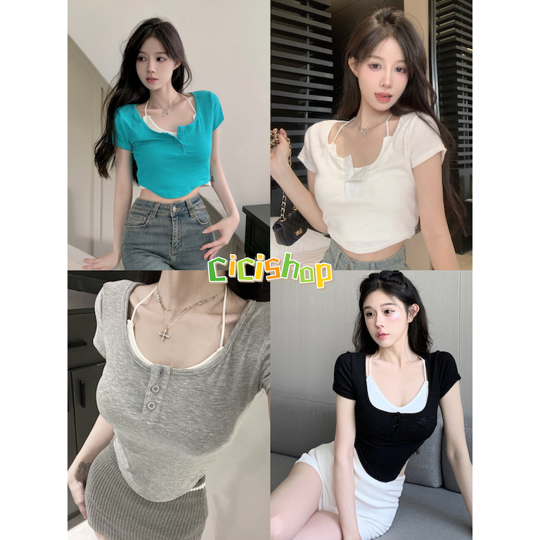 Cicishop(J609)เสื้อครอป+สายเดี่ยวคล้องคอ ดีเทลกระดุมหน้าใช้งานได้จริง ผ้ายืดได้เยอะ ใส่เเล้วไม่ ...