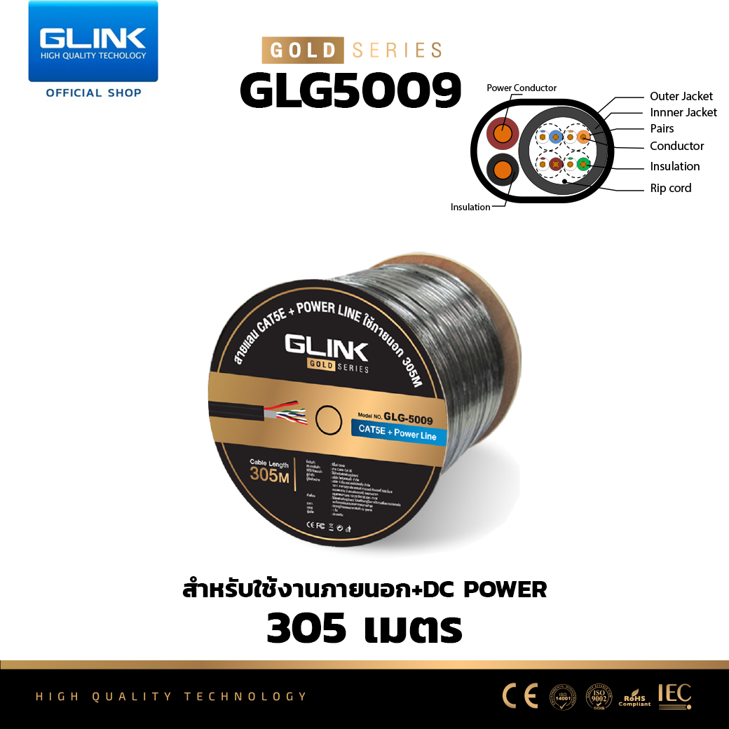 GLINK GLG GL 300-305เมตร สายแลน ยกม้วน CAT5e UTP Cable Cable+Power ...