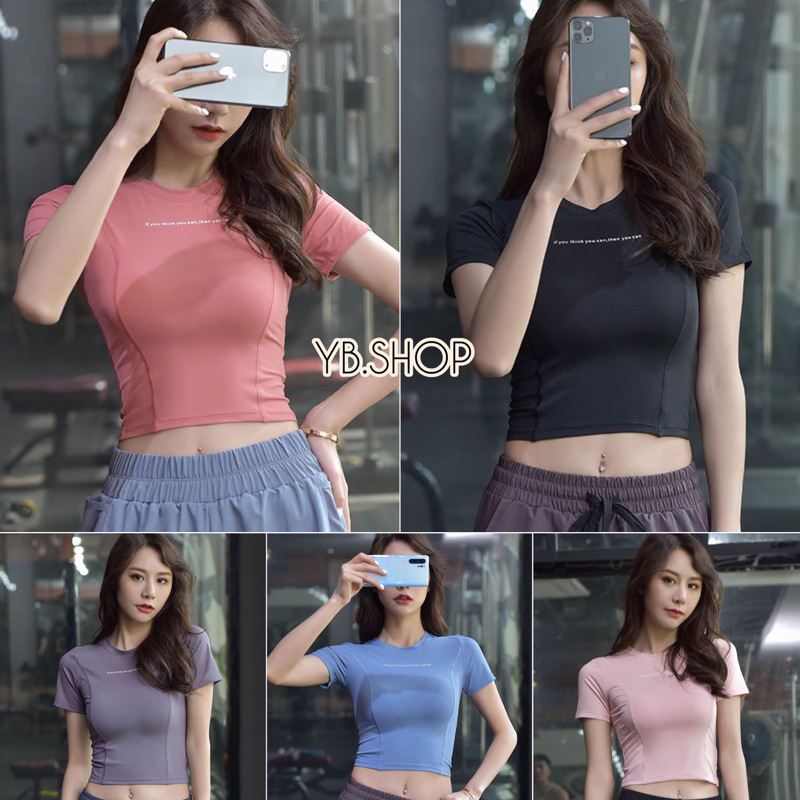 YB.Shop#s807 เสื้อออกกำลังกาย ผู้หญิง แขนสั้น ทรงครอป เข้ารูป พอดีตัว | Shopee Thailand